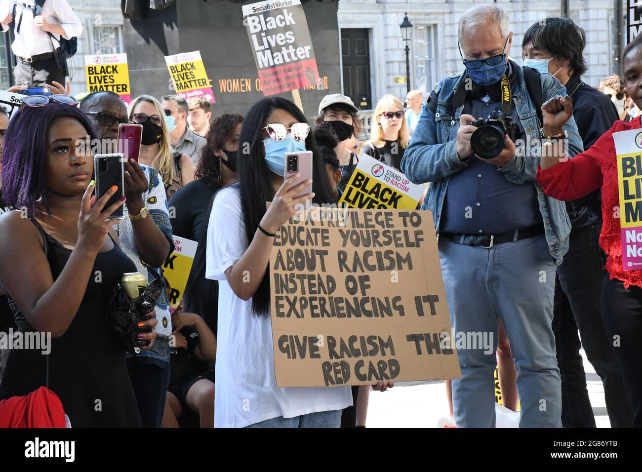 London, UK. 17th July, 2021. Anti racism campaigners gather outside ...
