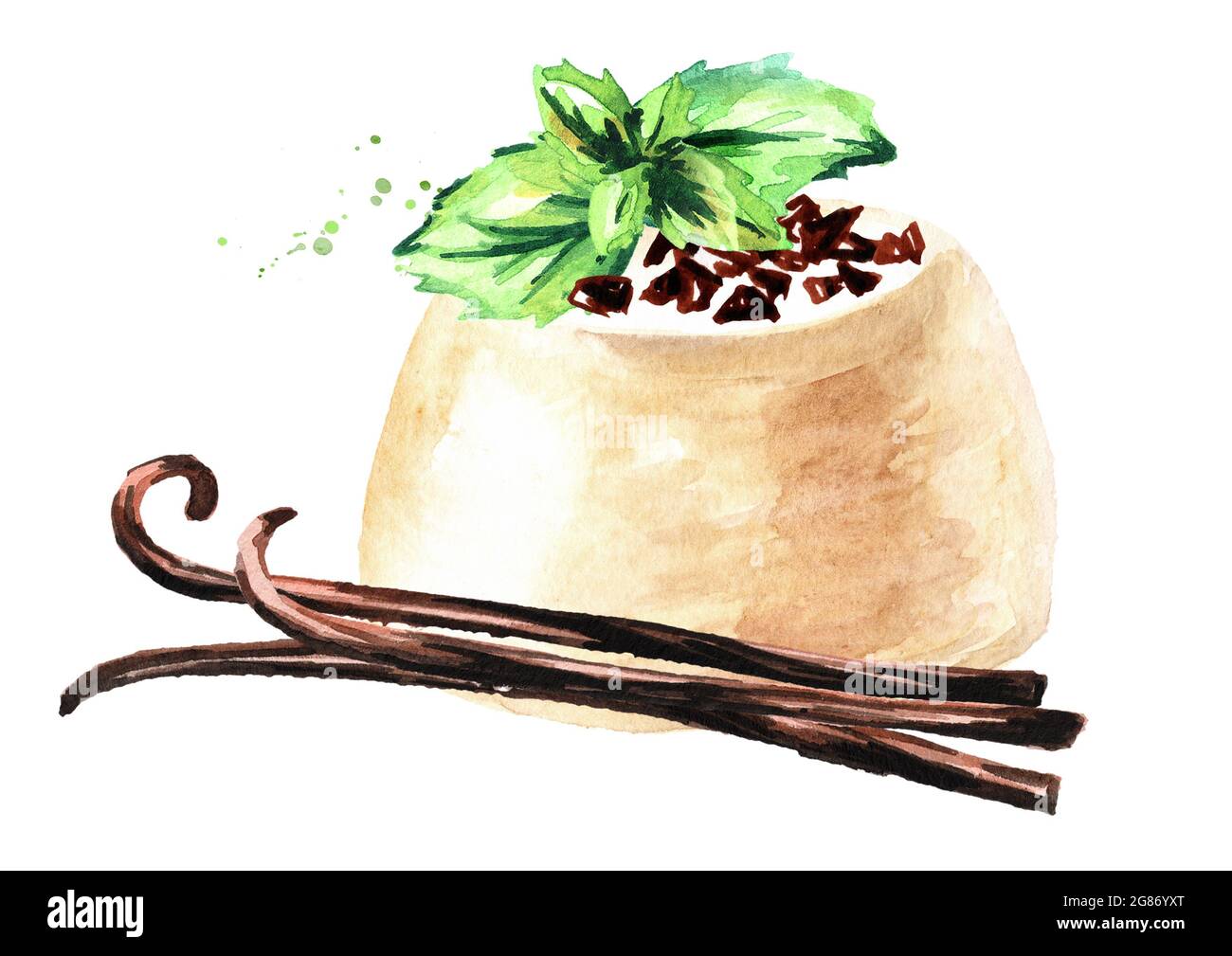 Sweet vanilla Panna cotta dessert with chocolate crumbs and mint leaf ...