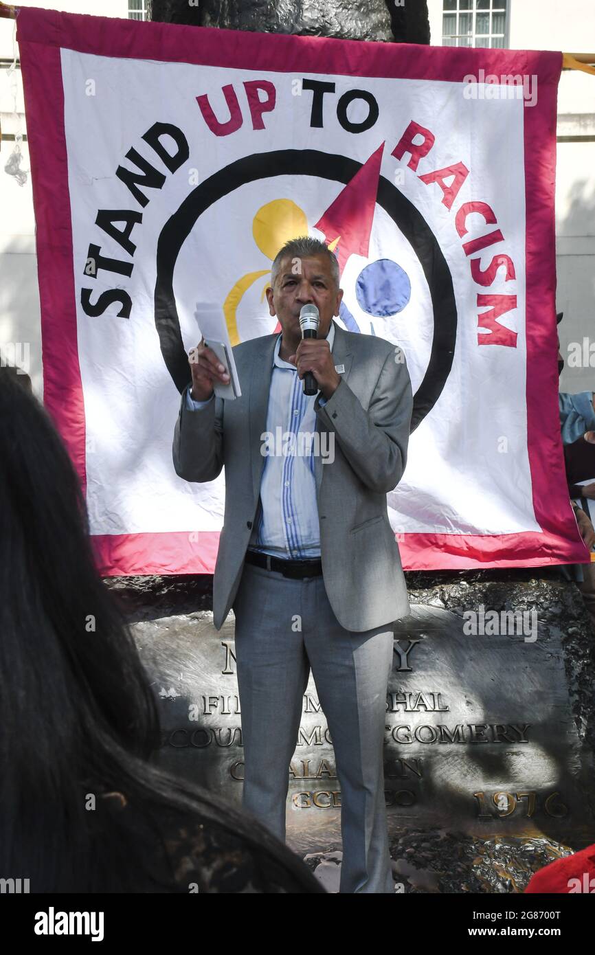 London, UK. 17th July, 2021. Anti racism campaigners gather outside ...