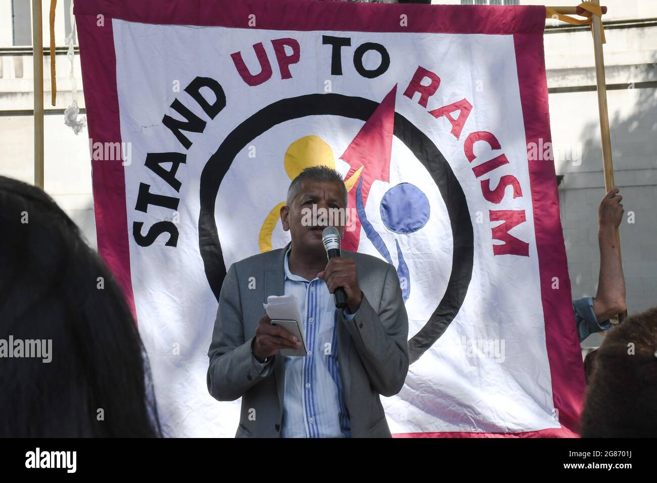 London, UK. 17th July, 2021. Anti racism campaigners gather outside ...