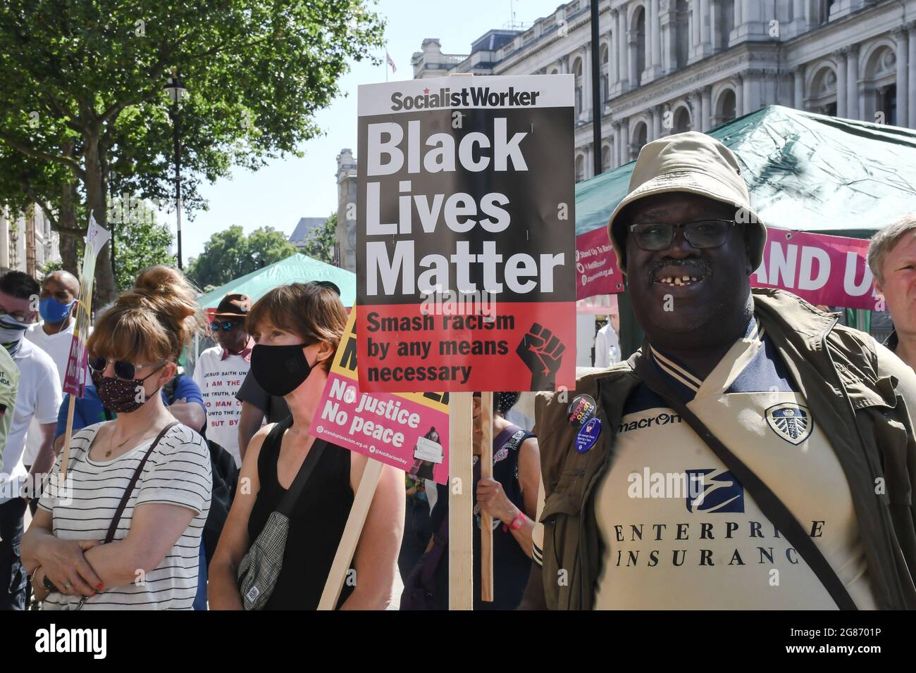 London, UK. 17th July, 2021. Anti racism campaigners gather outside ...