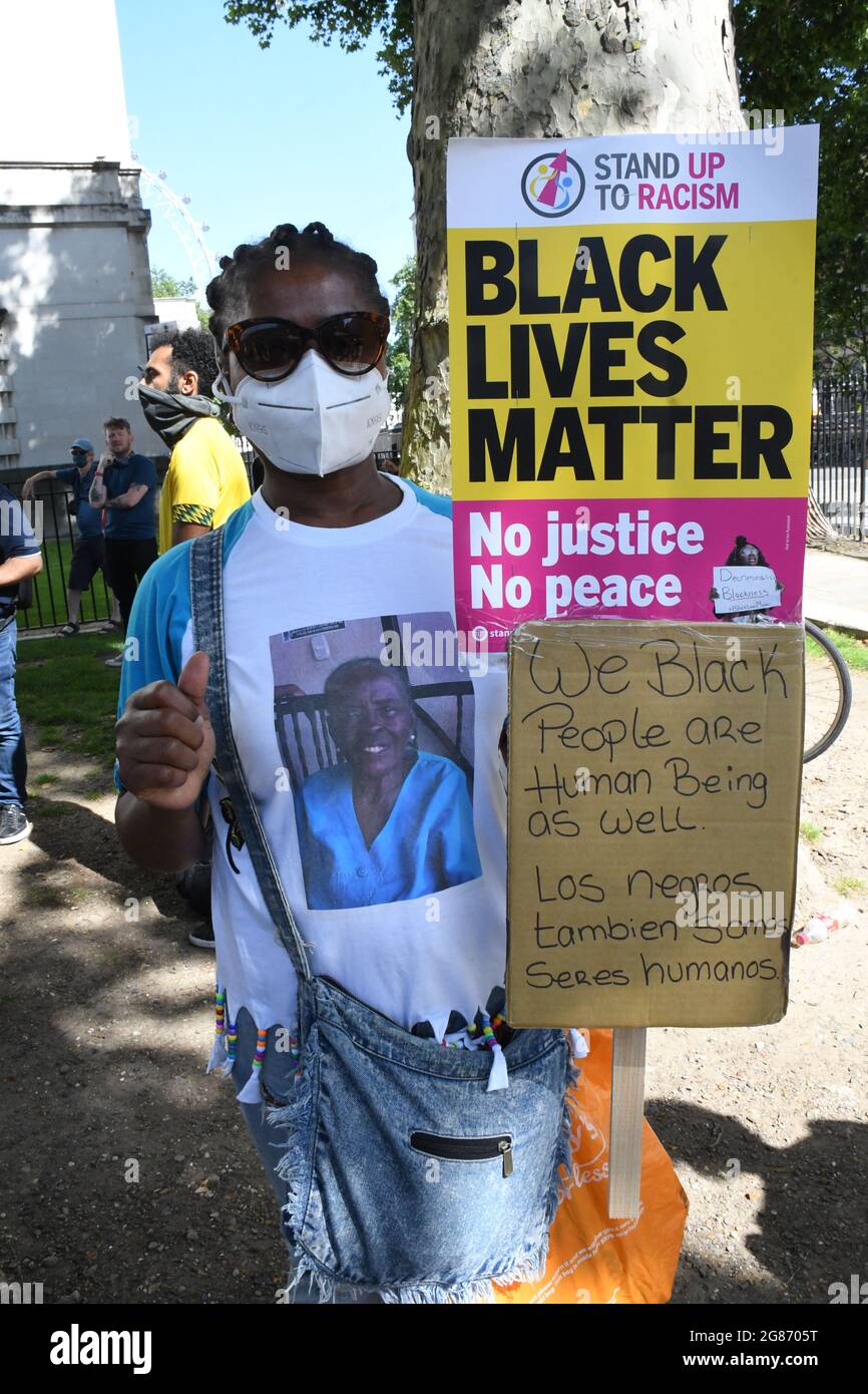 London, UK. 17th July, 2021. Anti racism campaigners gather outside ...