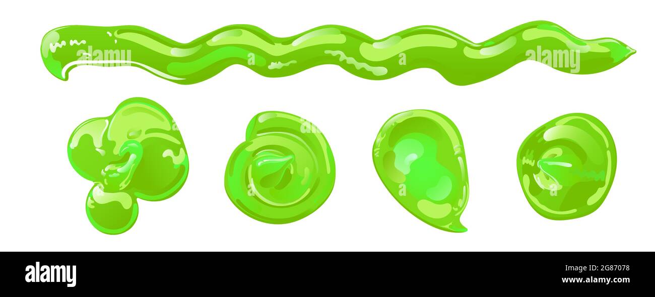 Green slime in flat cartoon style set. Toxic jelly splashes, drops or ...