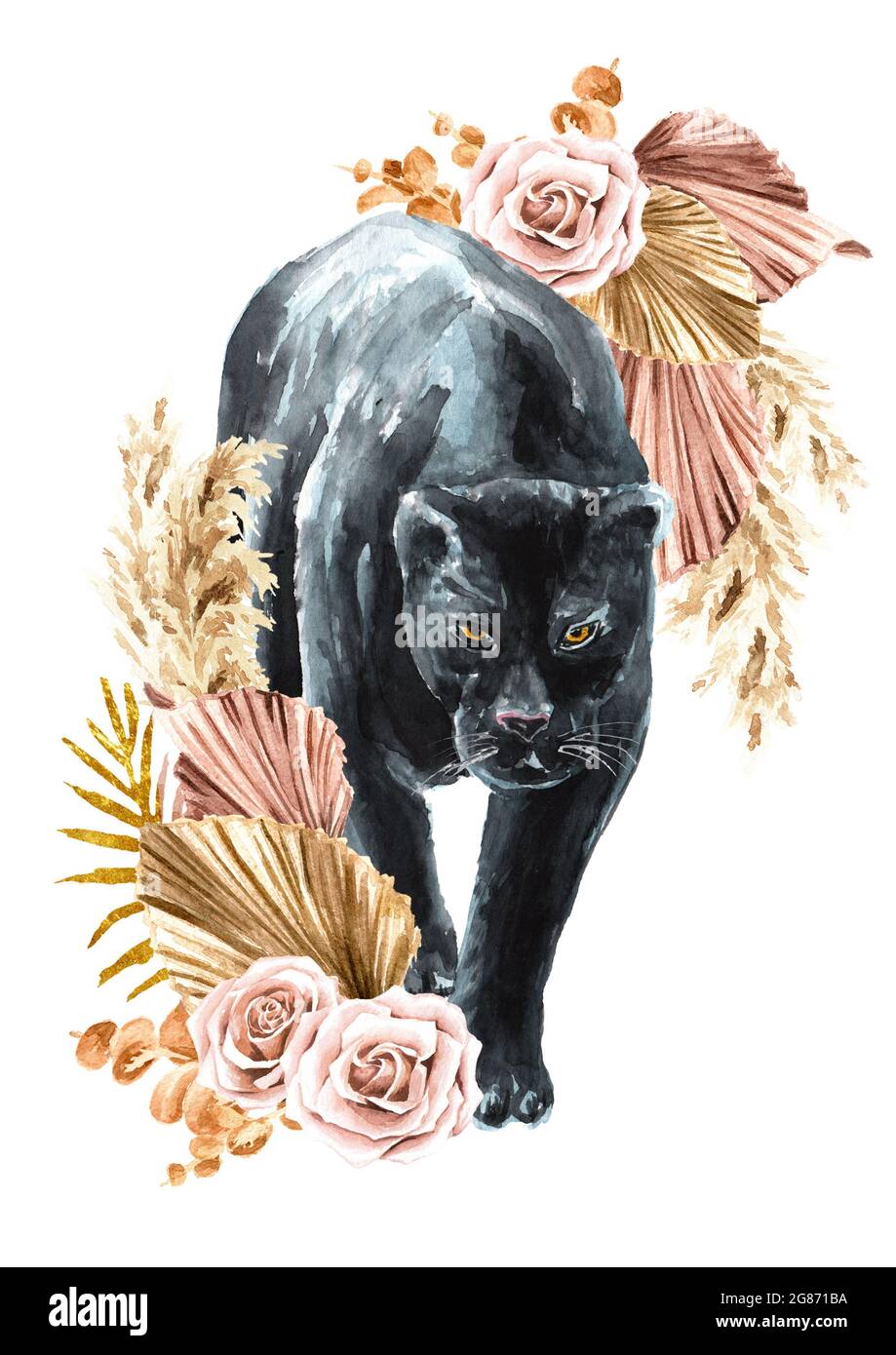 Aggressive snarling Black Panther or Jaguar with exotic Leaves and ...