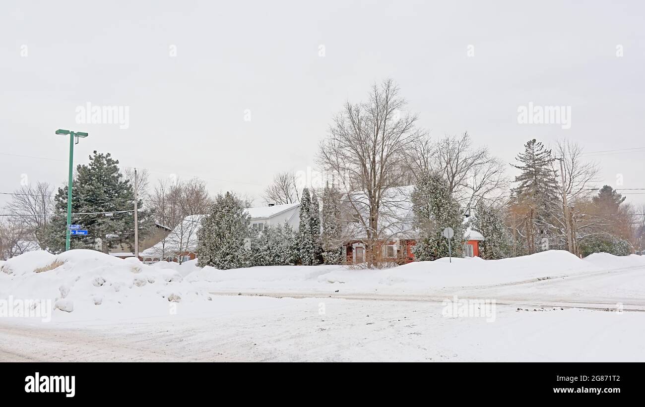 Typical canadian houses with big heaps of snow in front on a cold grey ...