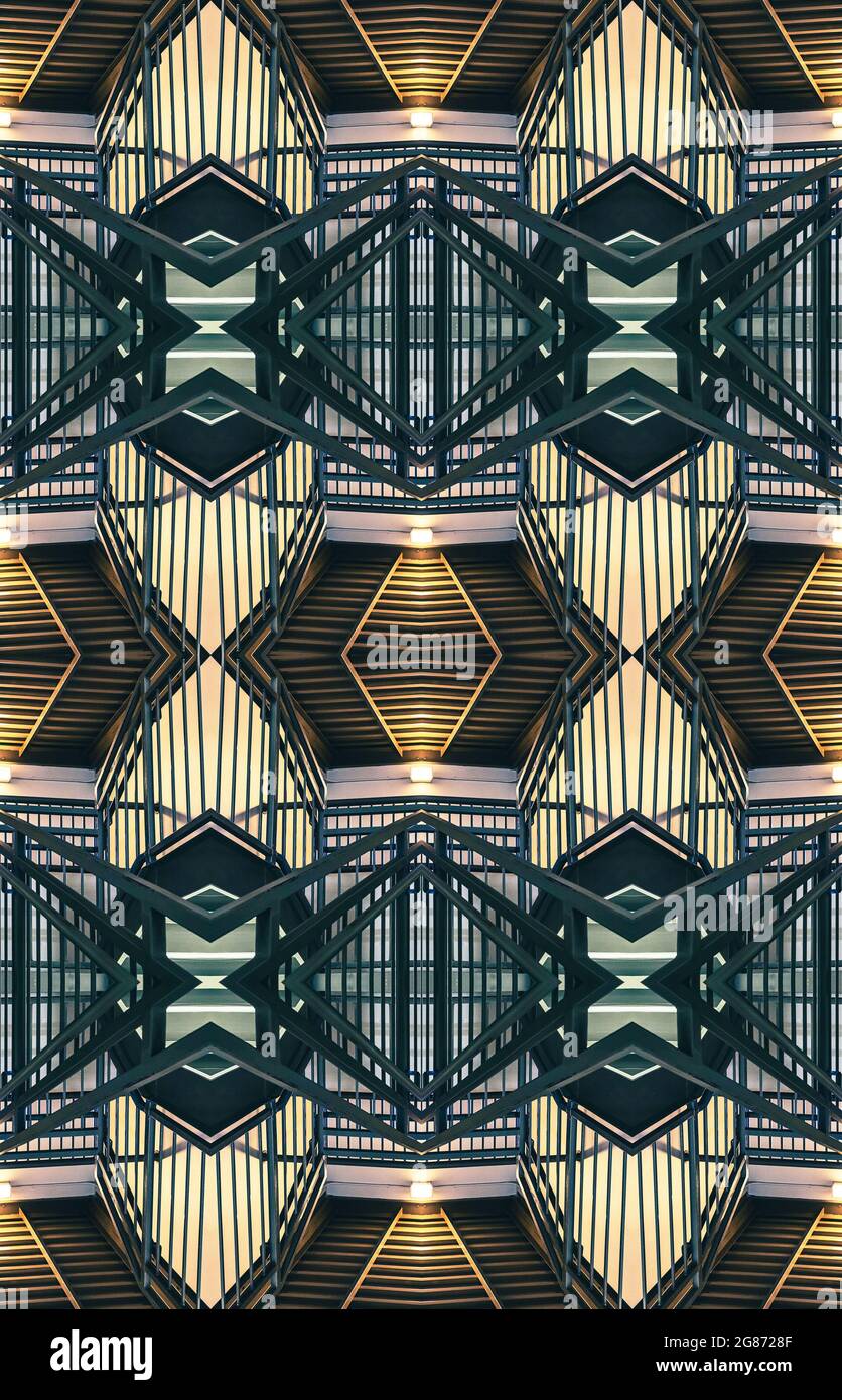 An image of a stair case, steps and railing is turned into an abstract ...