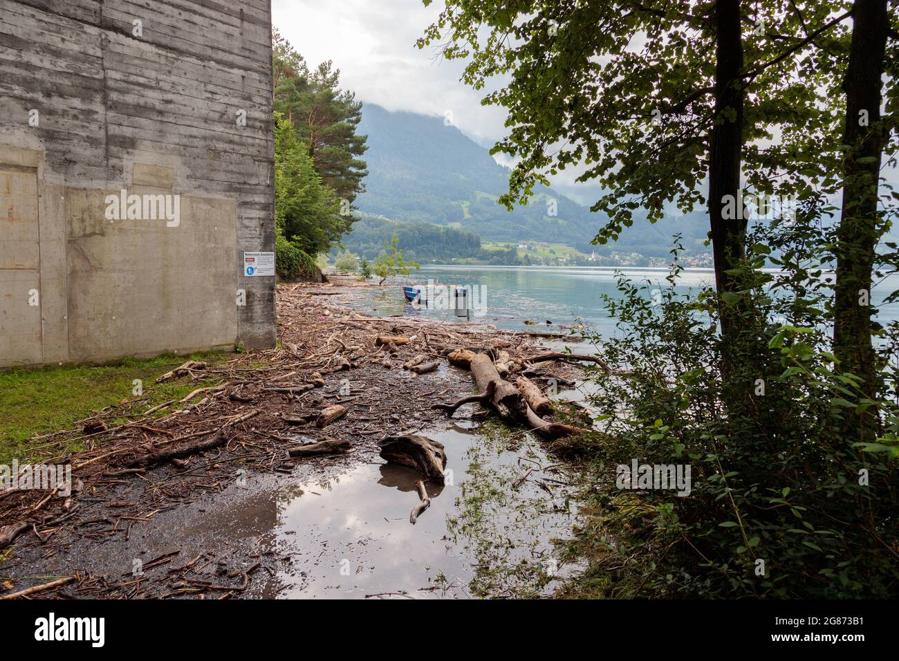 High water levels and partial flooding in Walenstadt, Switzerland, due ...
