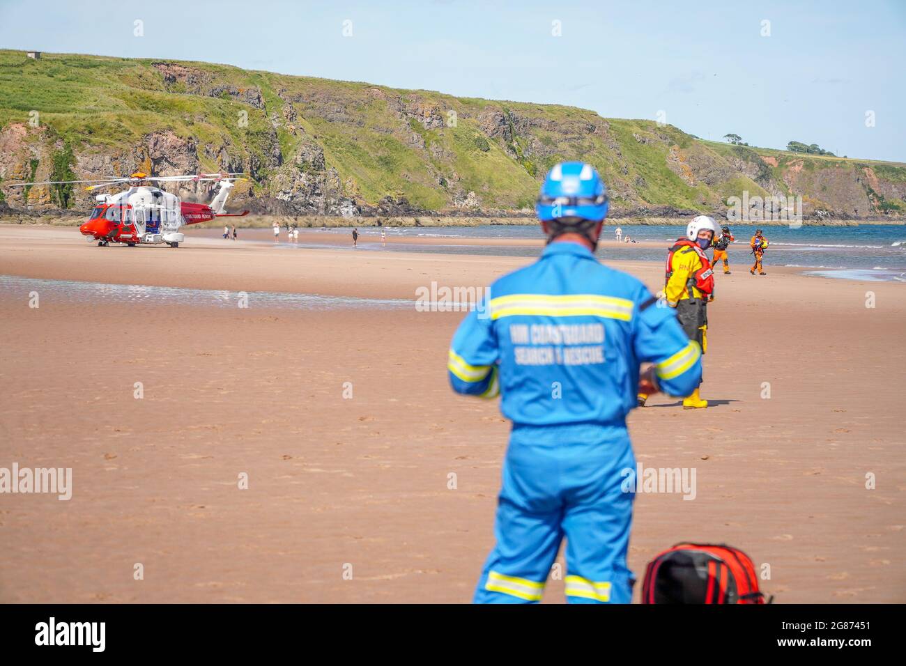 Lunan Bay Beach, Angus, Scotland, UK, 17th of July 2021: Major rescue operation carried out by ...