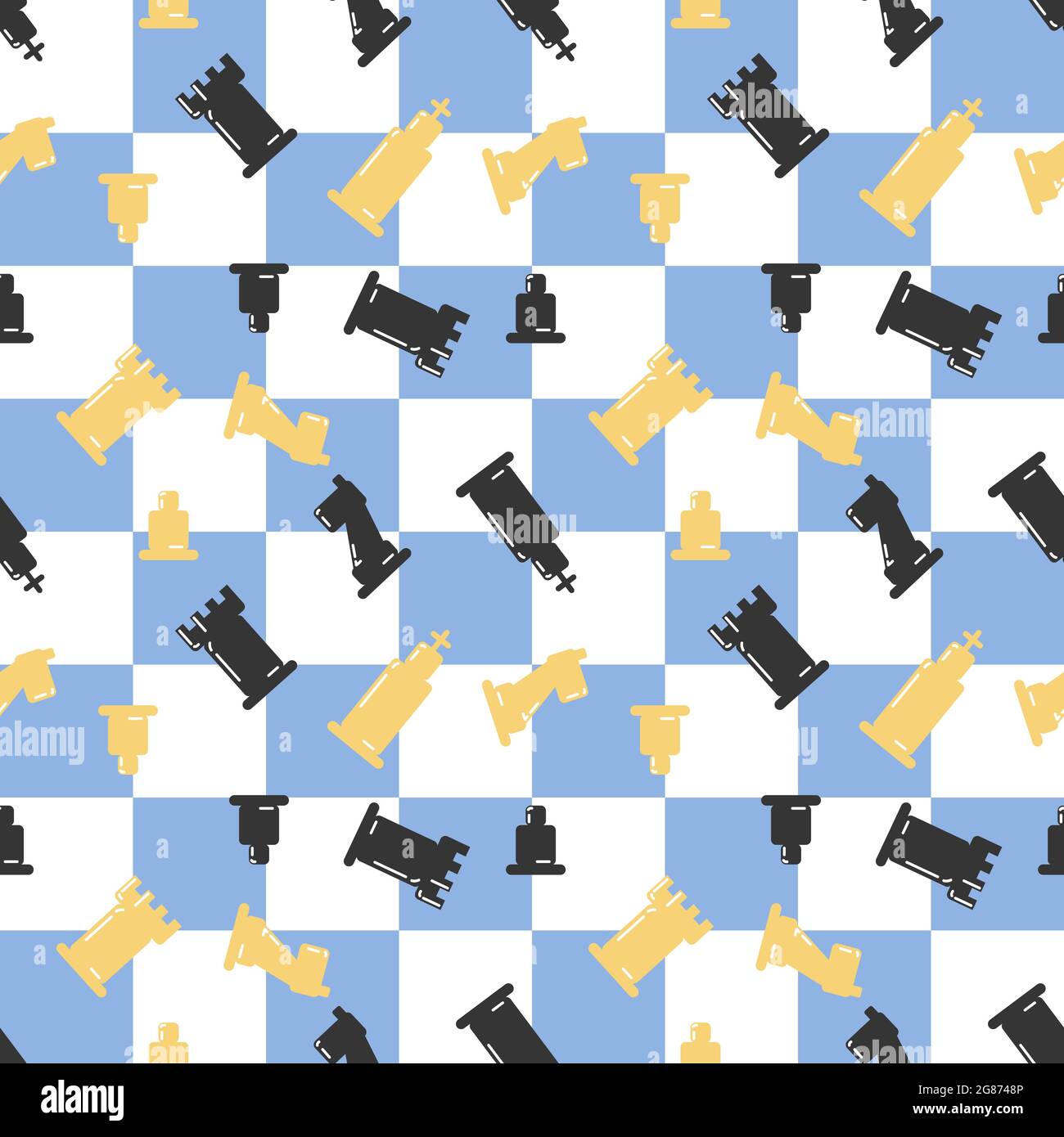 Chessboard with chessmans seamless pattern. Blue white check. Chess day ...