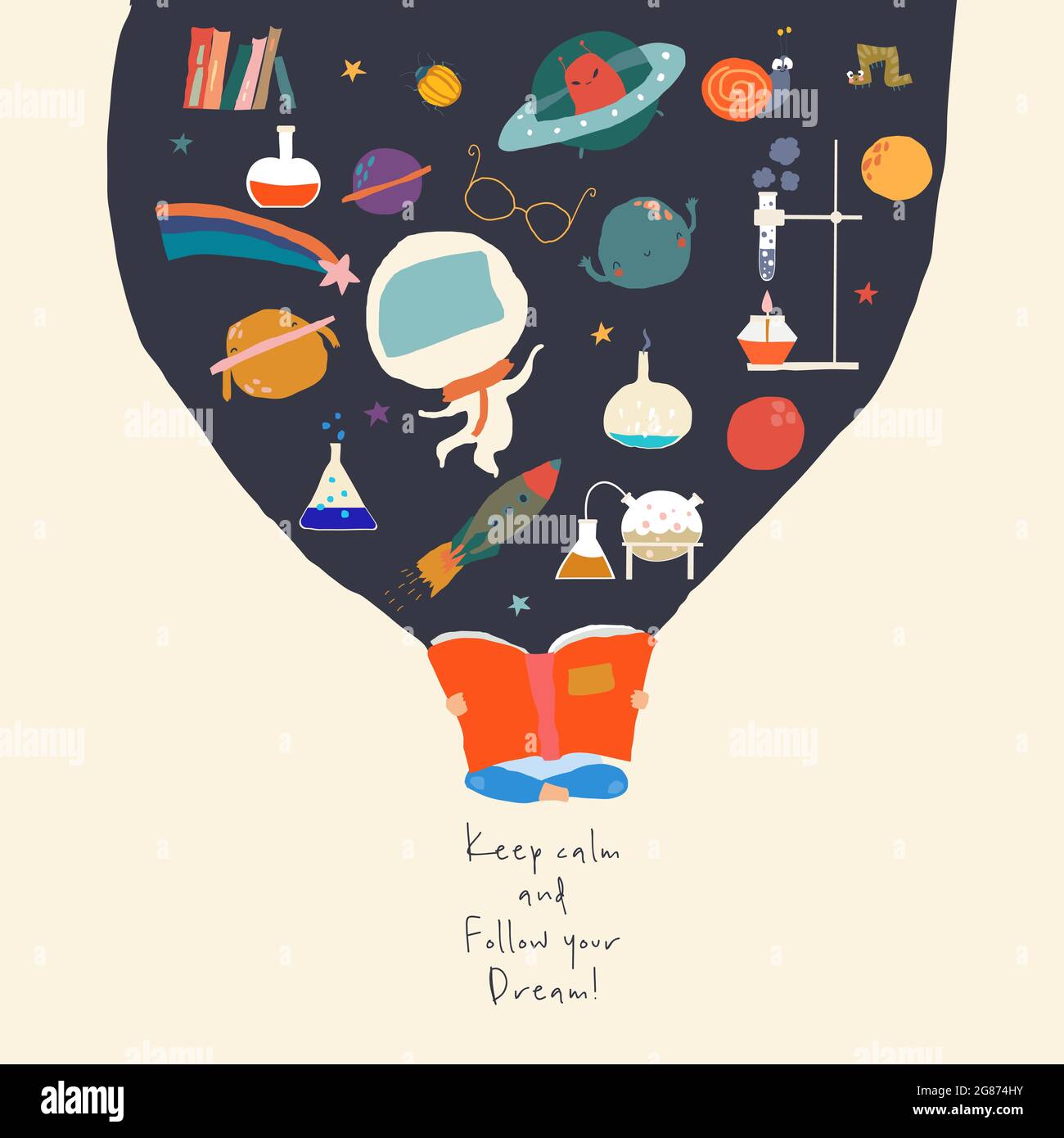 Cartoon Child reading Book and discovering New Worlds. Vector ...