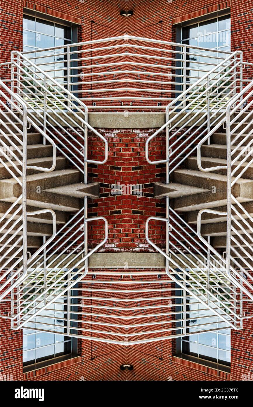 An image of a stair case, steps and railing is turned into an abstract ...
