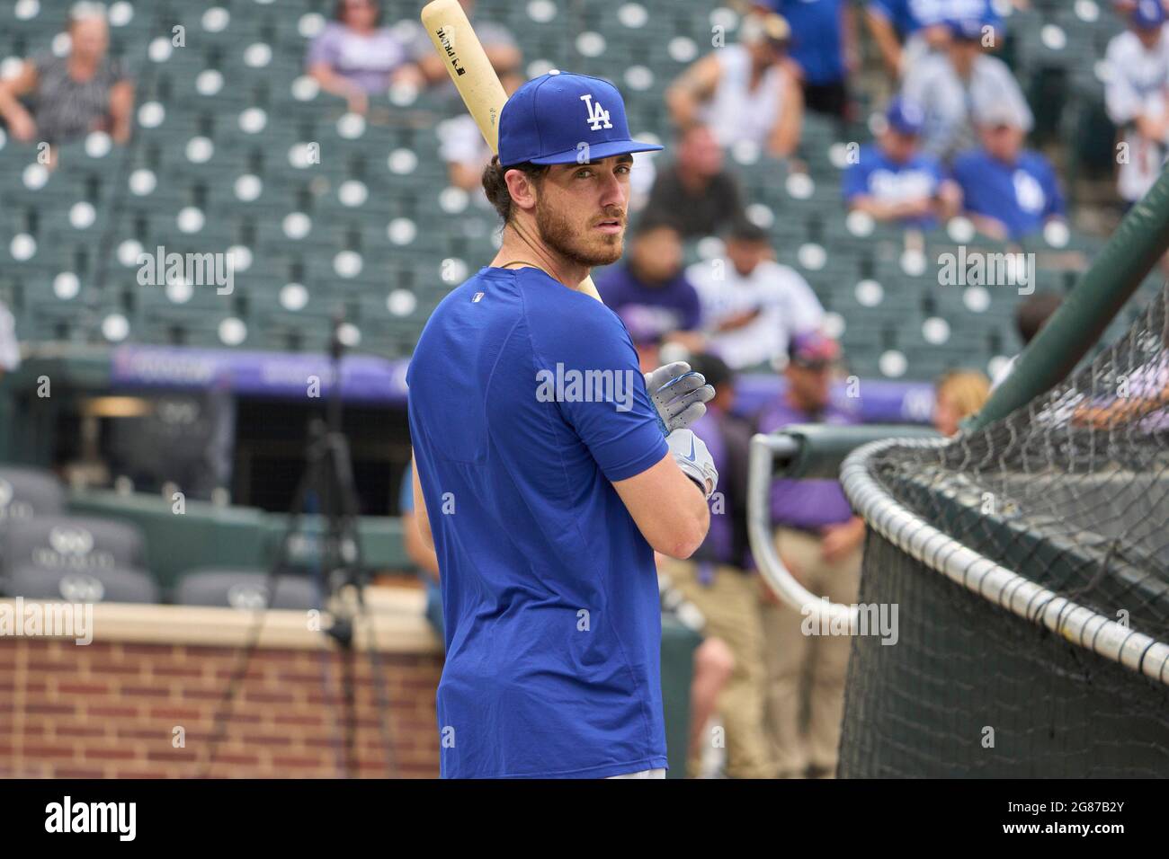 Denver CO, USA. 16th July, 2021. Los Angels centerfielder Cody ...