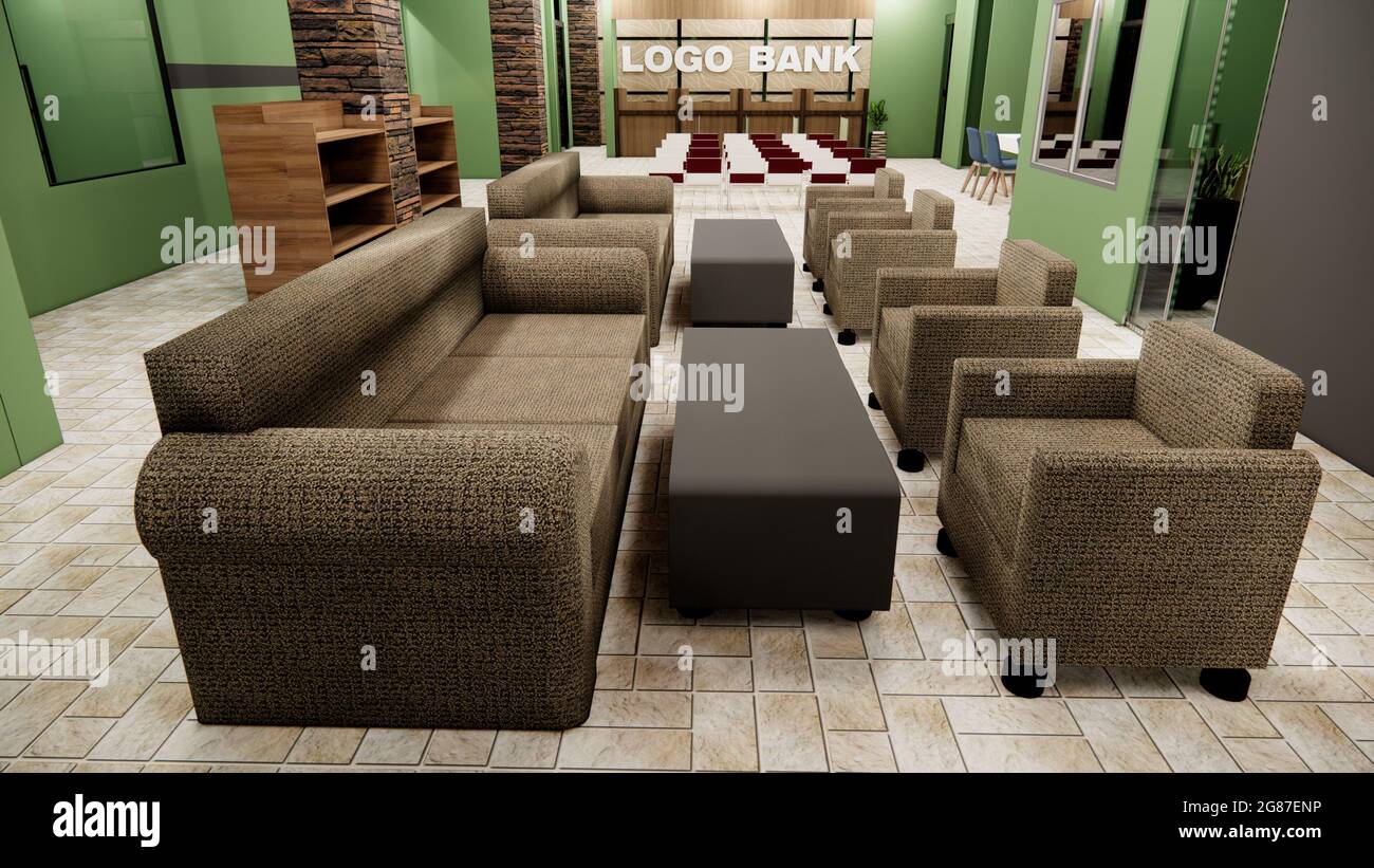 Bank waiting area interior with brown sofas Stock Photo - Alamy