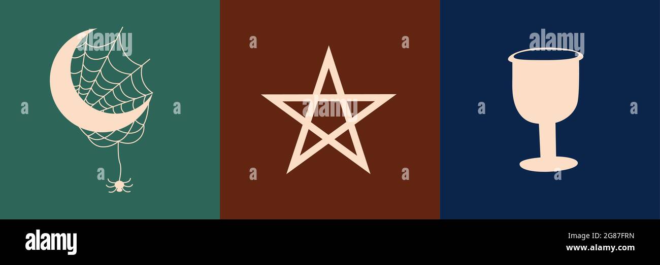 Set of magic symbols, witch tattoos. Crescent moon, sun, hands, magic ...