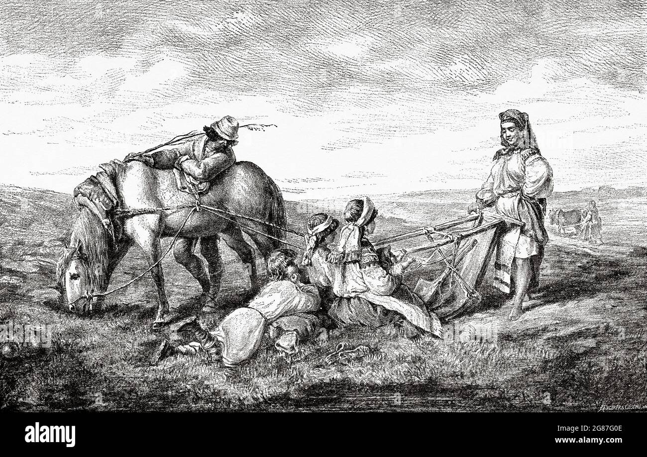 Serbian peasant family working in the field, Sebia. Europe. Old 19th ...