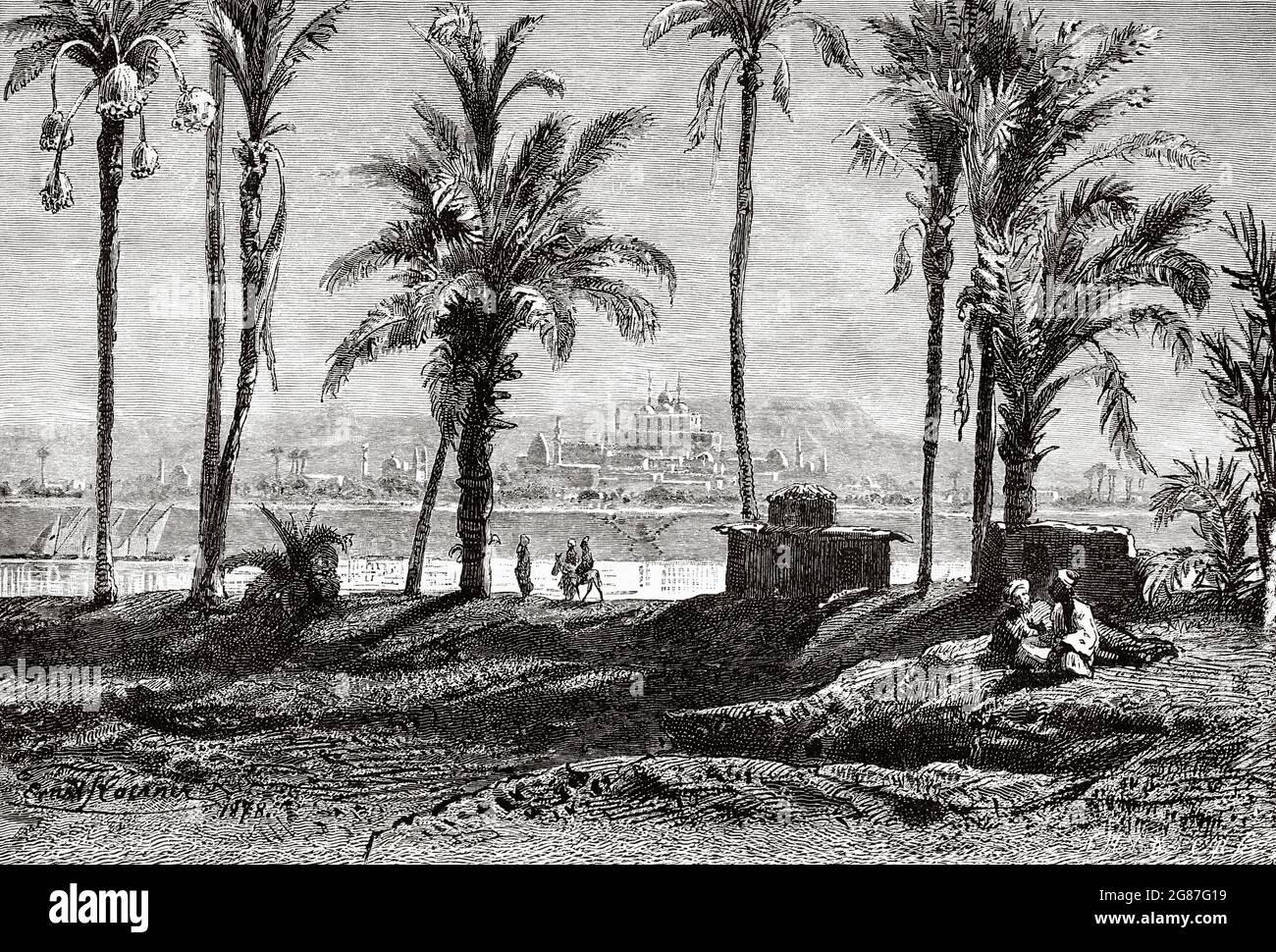 Panoramic view of the ancient Egyptian city of Cairo and the Nile river ...
