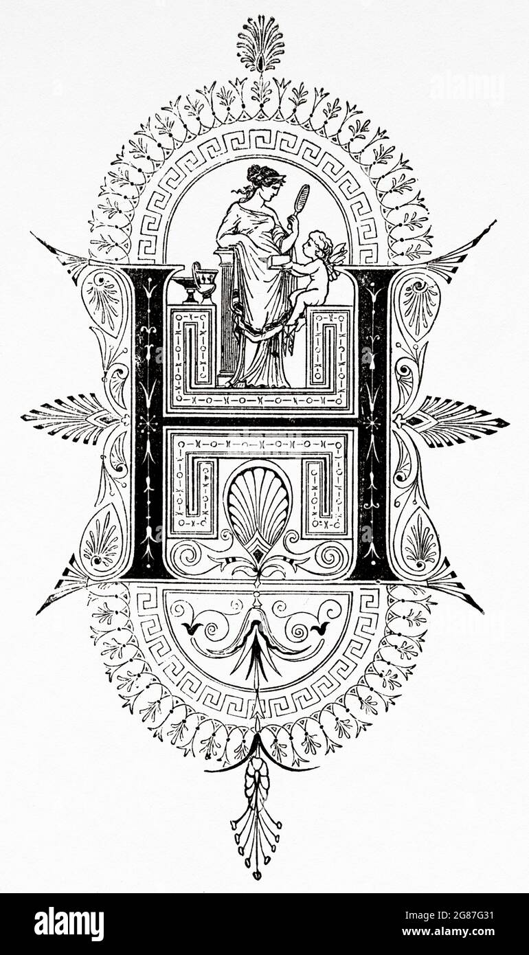 Calligraphic Design Font. Initial letter H. Old 19th century engraved ...
