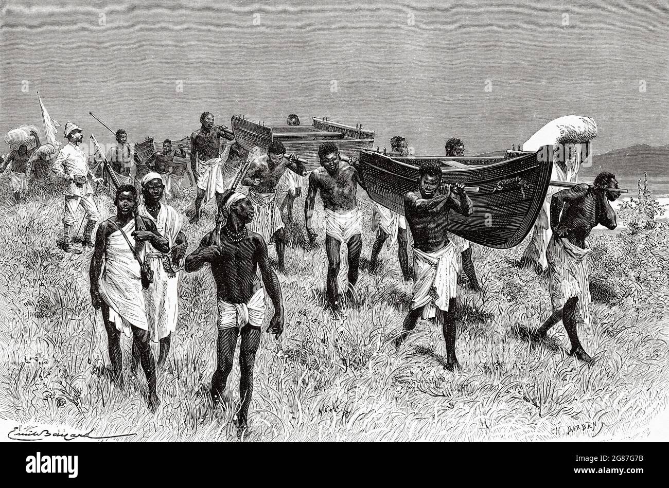 African porters carrying Stanley´s dismantled boat Lady Alice, Central ...