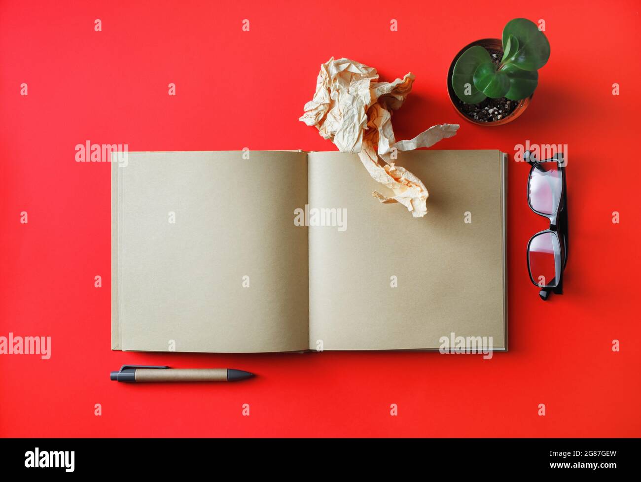 Blank kraft booklet, plant, pen, glasses and crumpled paper on red ...