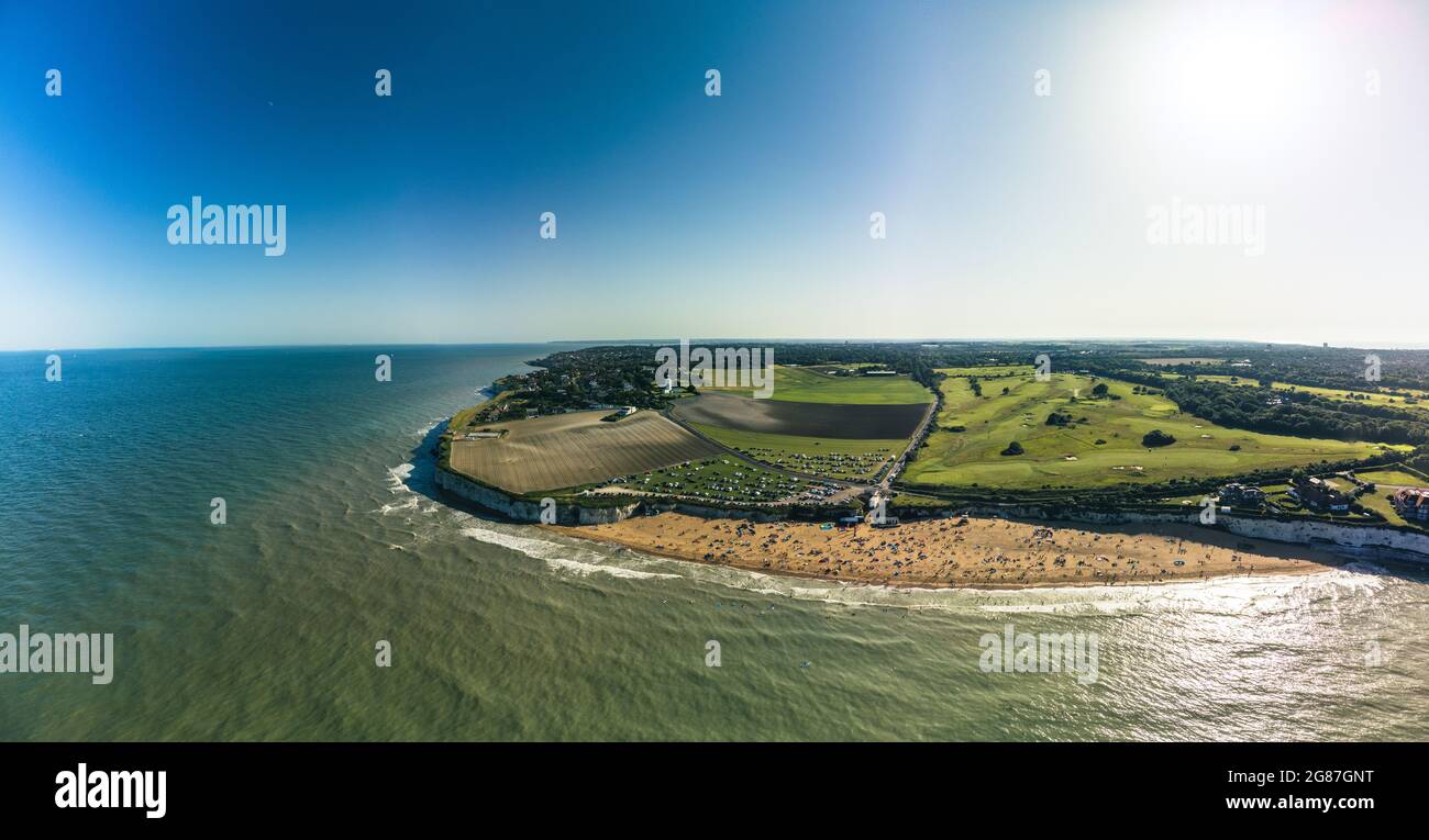 Drone aerial view of the beach and white cliffs, Margate, England, UK ...