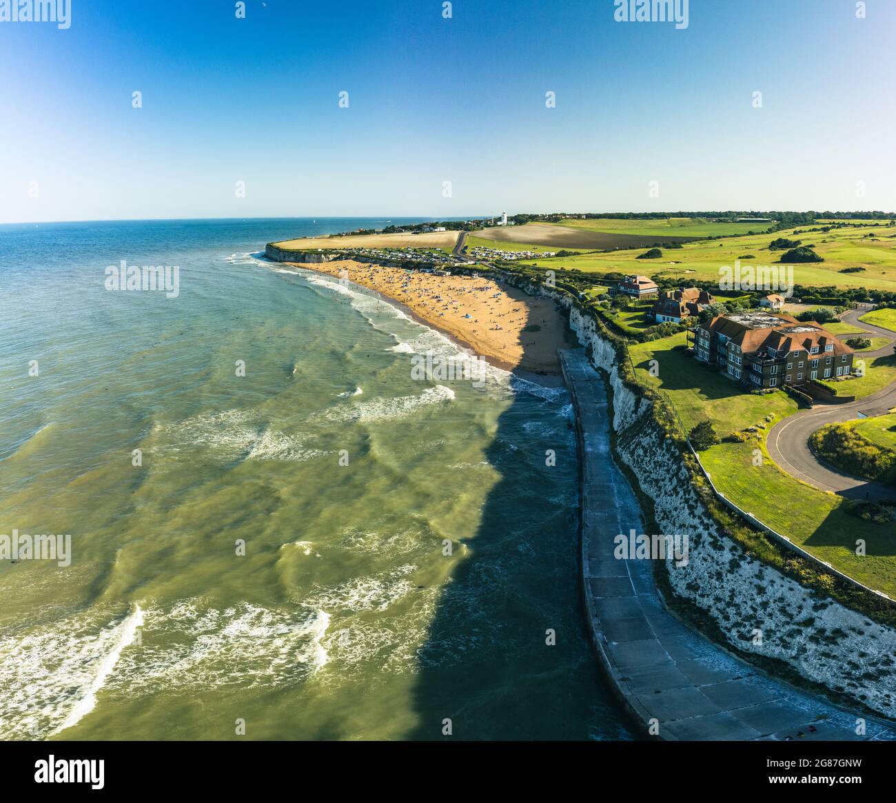Drone aerial view of the beach and white cliffs, Margate, England, UK ...