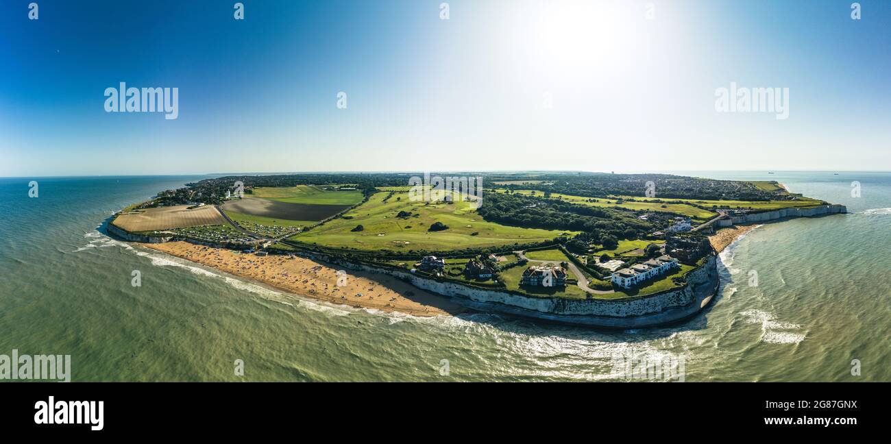 Drone aerial view of the beach and white cliffs, Margate, England, UK ...