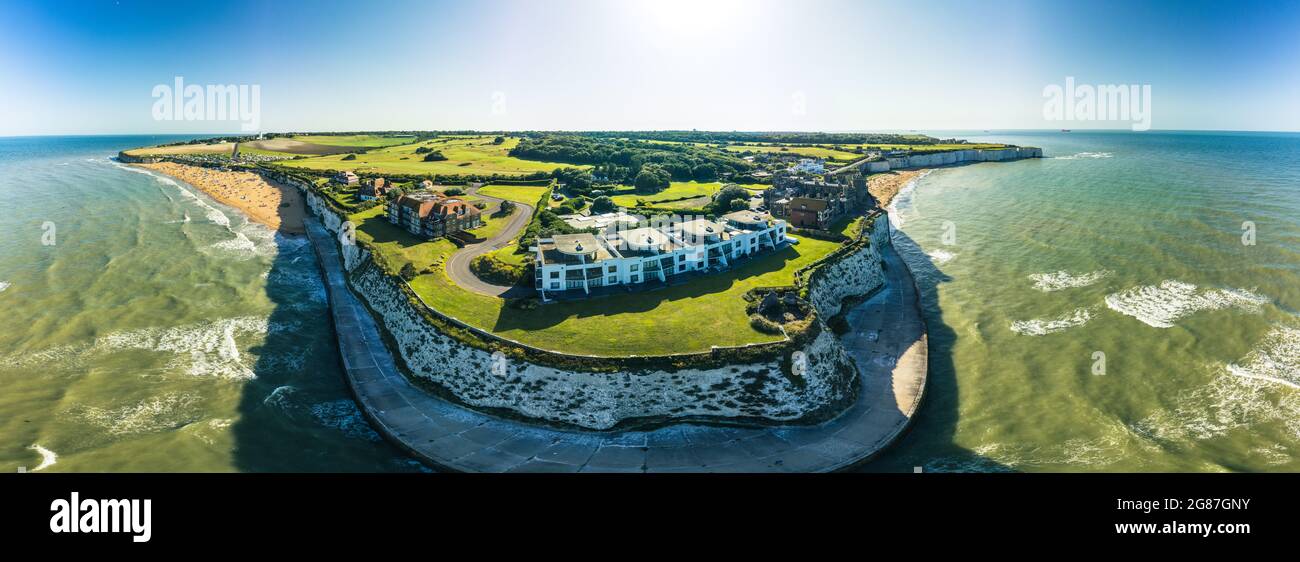 Drone aerial view of the beach and white cliffs, Margate, England, UK ...