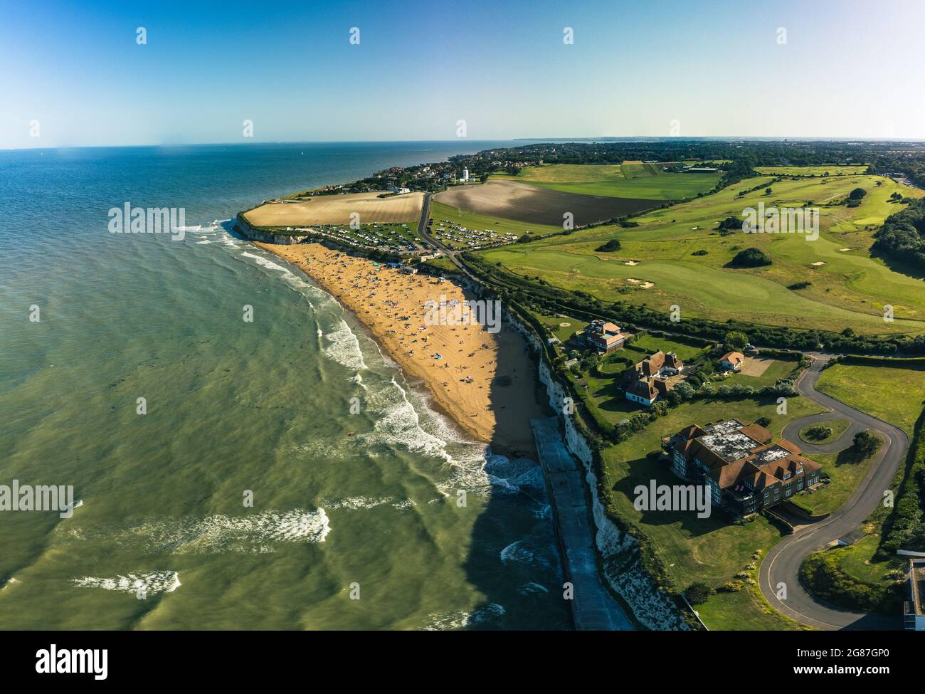 Drone aerial view of the beach and white cliffs, Margate, England, UK ...
