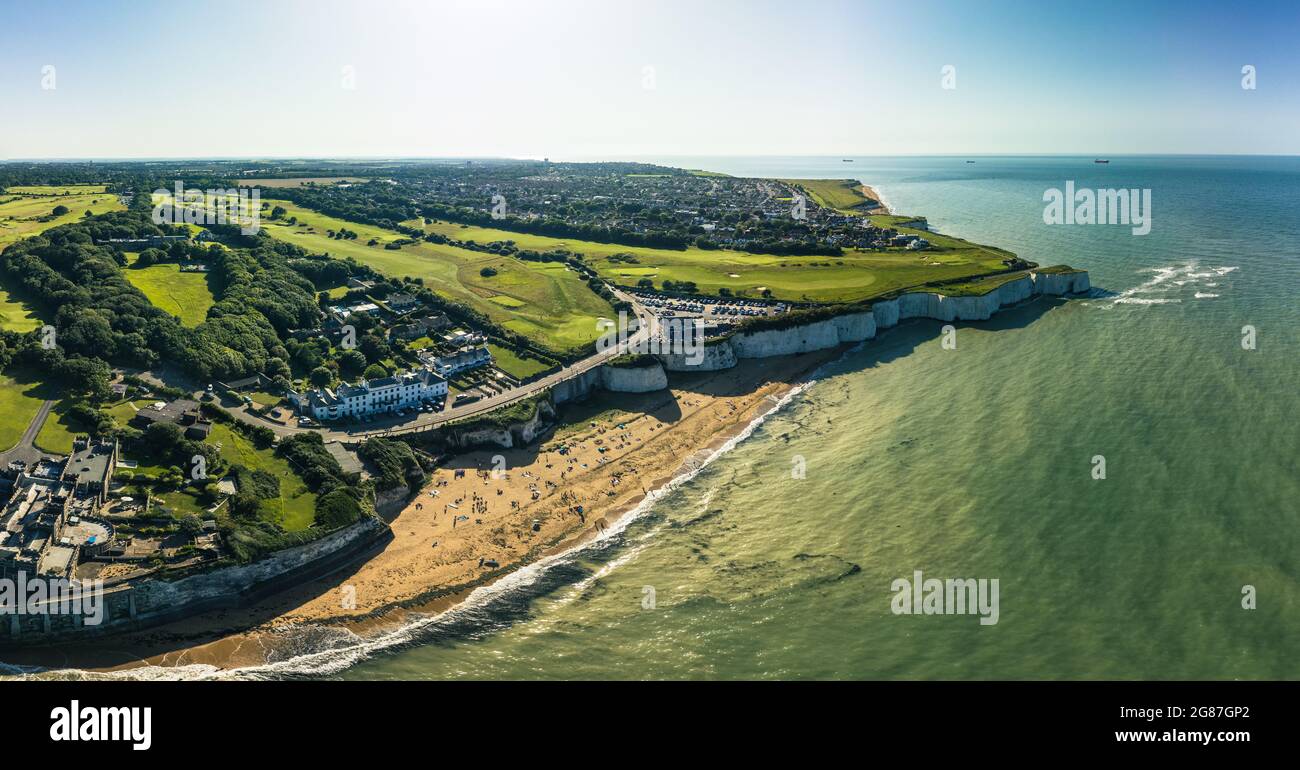 Drone aerial view of the beach and white cliffs, Margate, England, UK ...