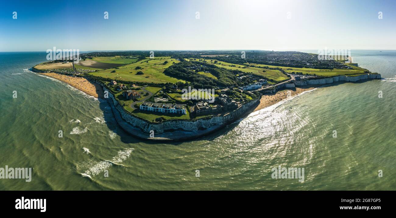 Drone aerial view of the beach and white cliffs, Margate, England, UK ...
