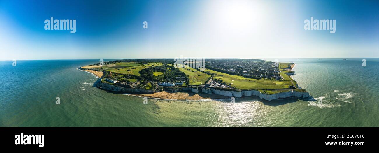 Drone aerial view of the beach and white cliffs, Margate, England, UK ...