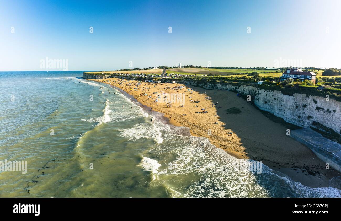Drone aerial view of the beach and white cliffs, Margate, England, UK ...