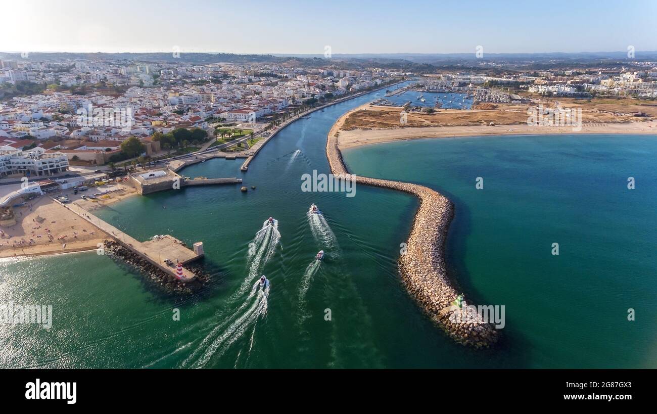 Aerial view from the sky of the Portuguese coastline of the Algarve ...