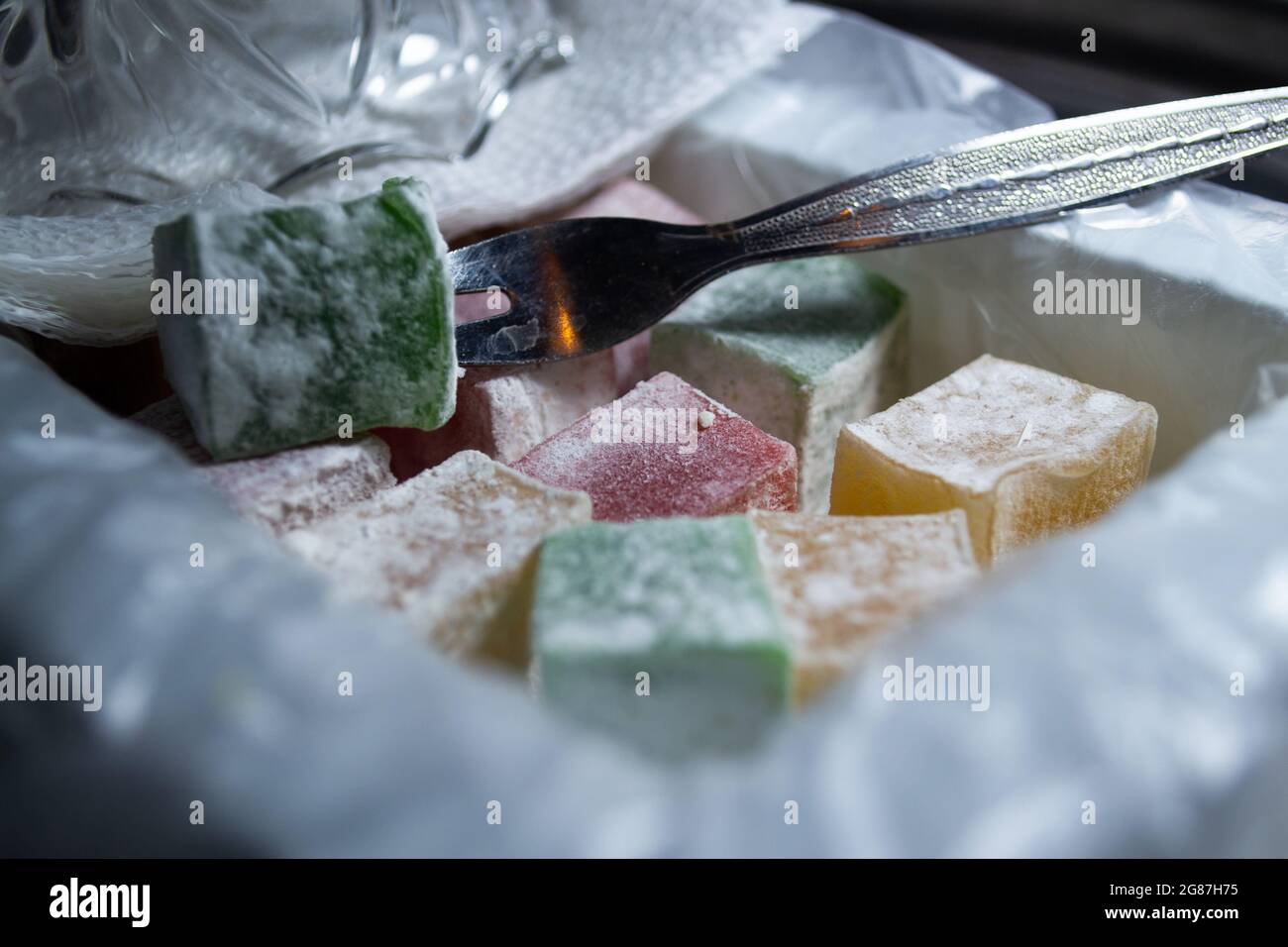 Turkish delight colorful in packaged box, close up top view ...