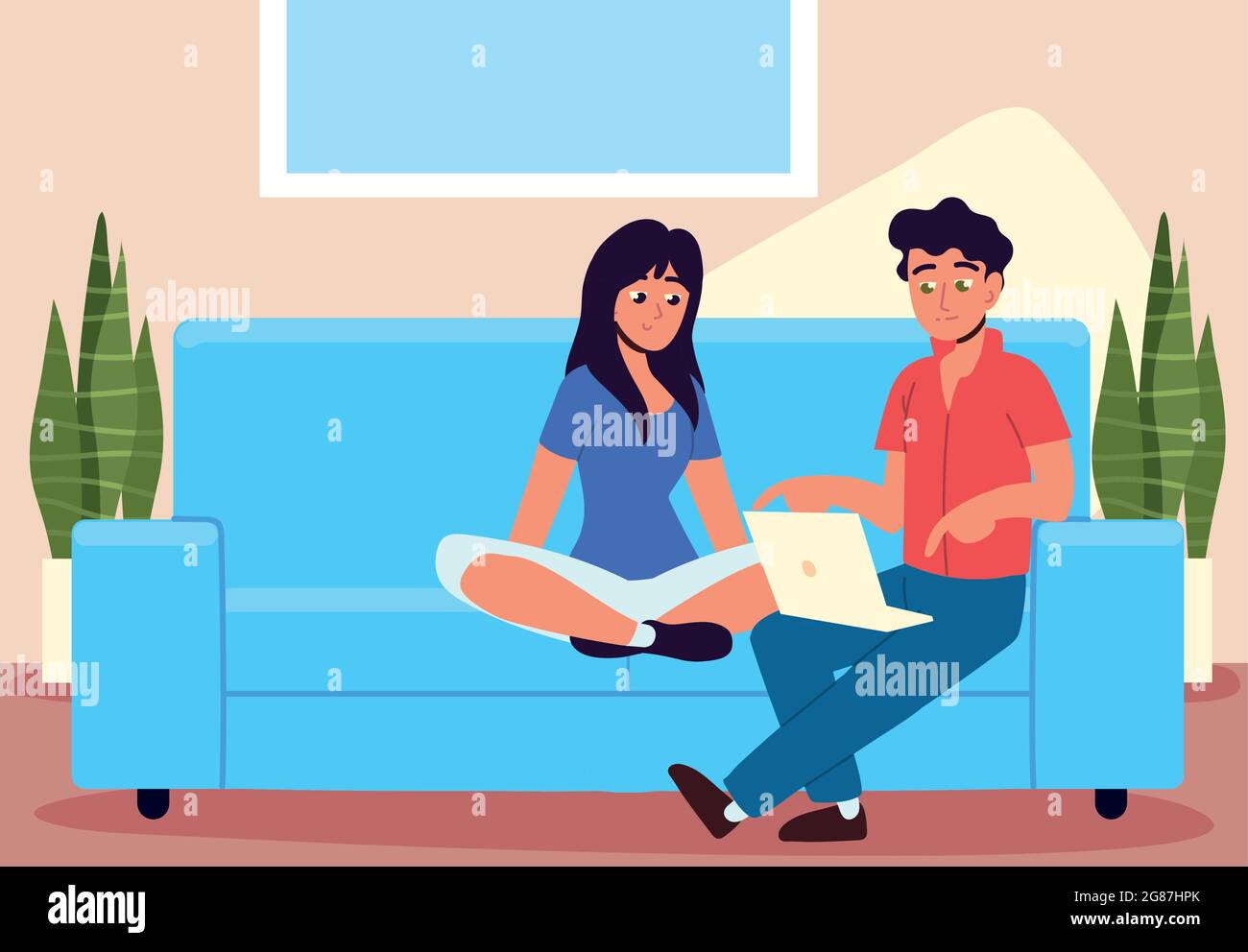 Couple sitting on couch using Stock Vector Images - Alamy