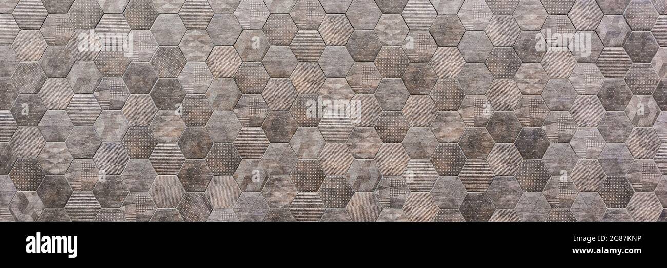 Hexagonal tile wall, gray hexagonal tile, outdoor wall, space for text ...