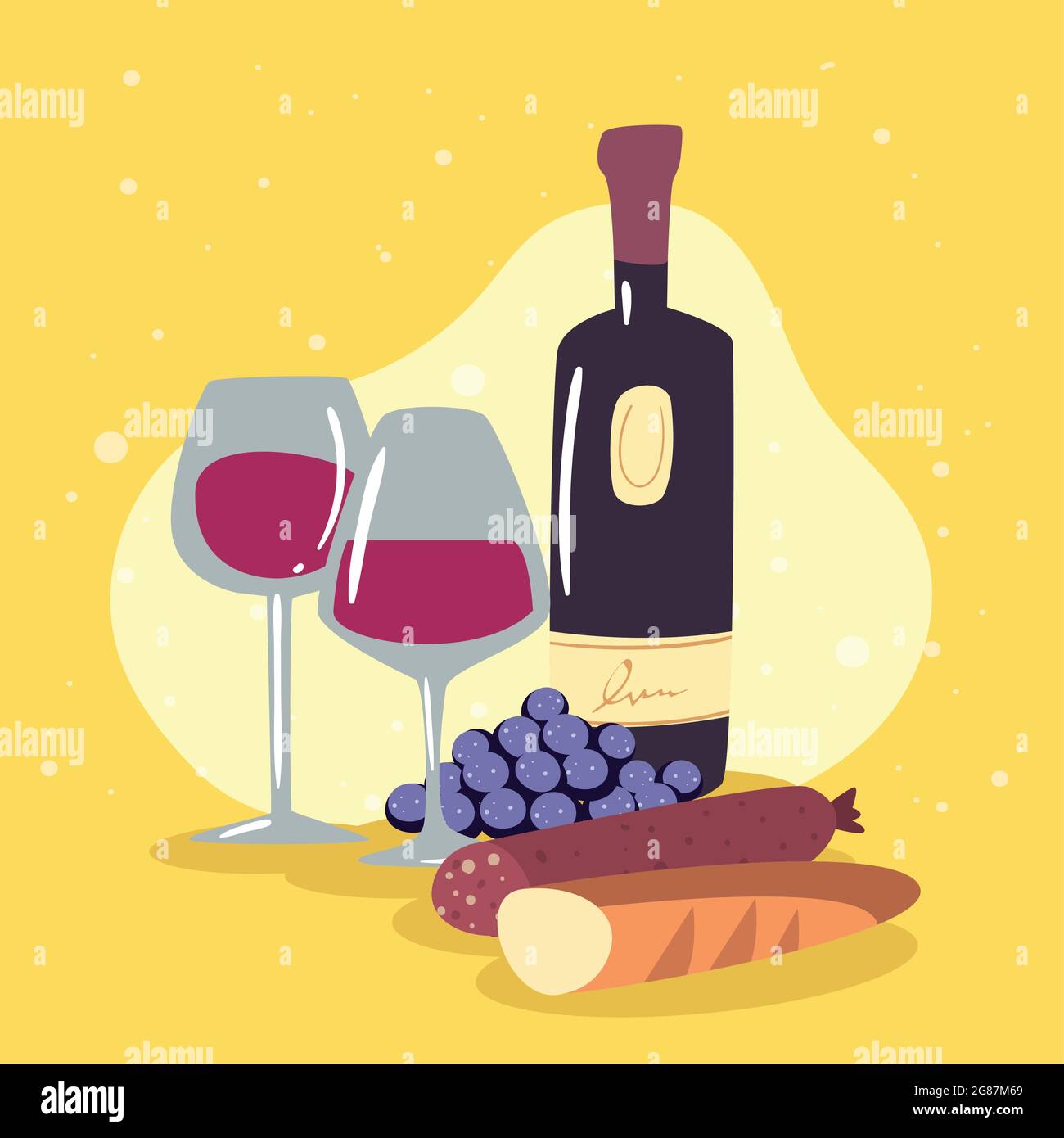 bottle of wine red and glasses with salami, bread Stock Vector Image ...