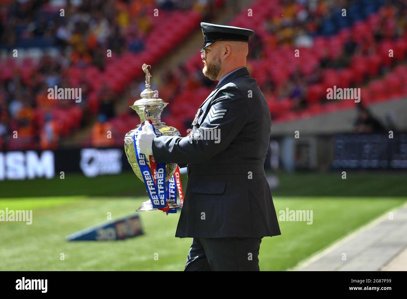 London, UK. 17th July, 2021. The Challenge Cup is brought on to the ...