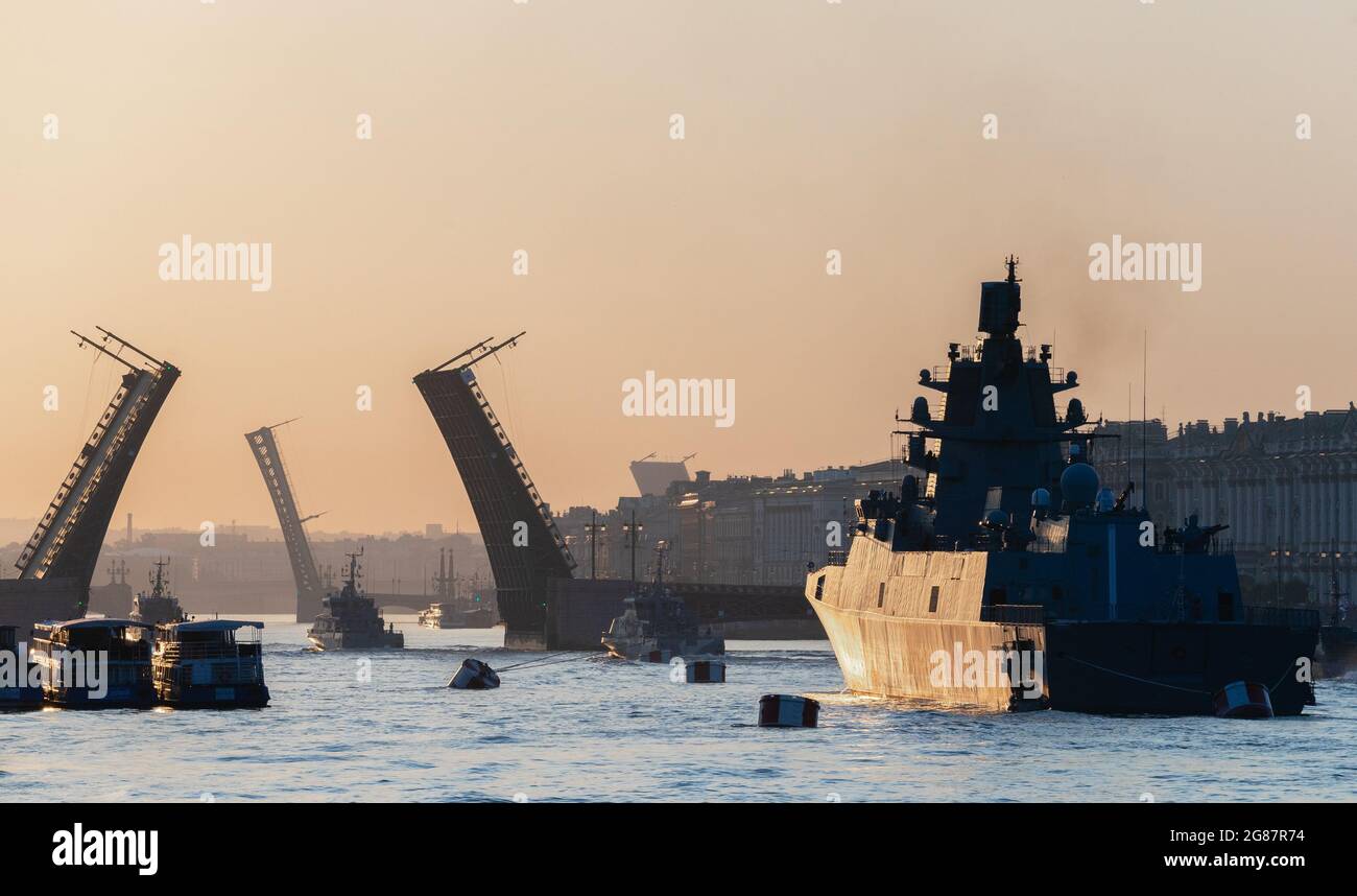 Russian Navy frigate "Admiral Kasatonov" on Neva river, on white night ...
