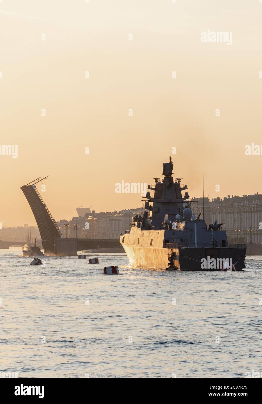 Russian Navy frigate "Admiral Kasatonov" on Neva river, opposite raised ...