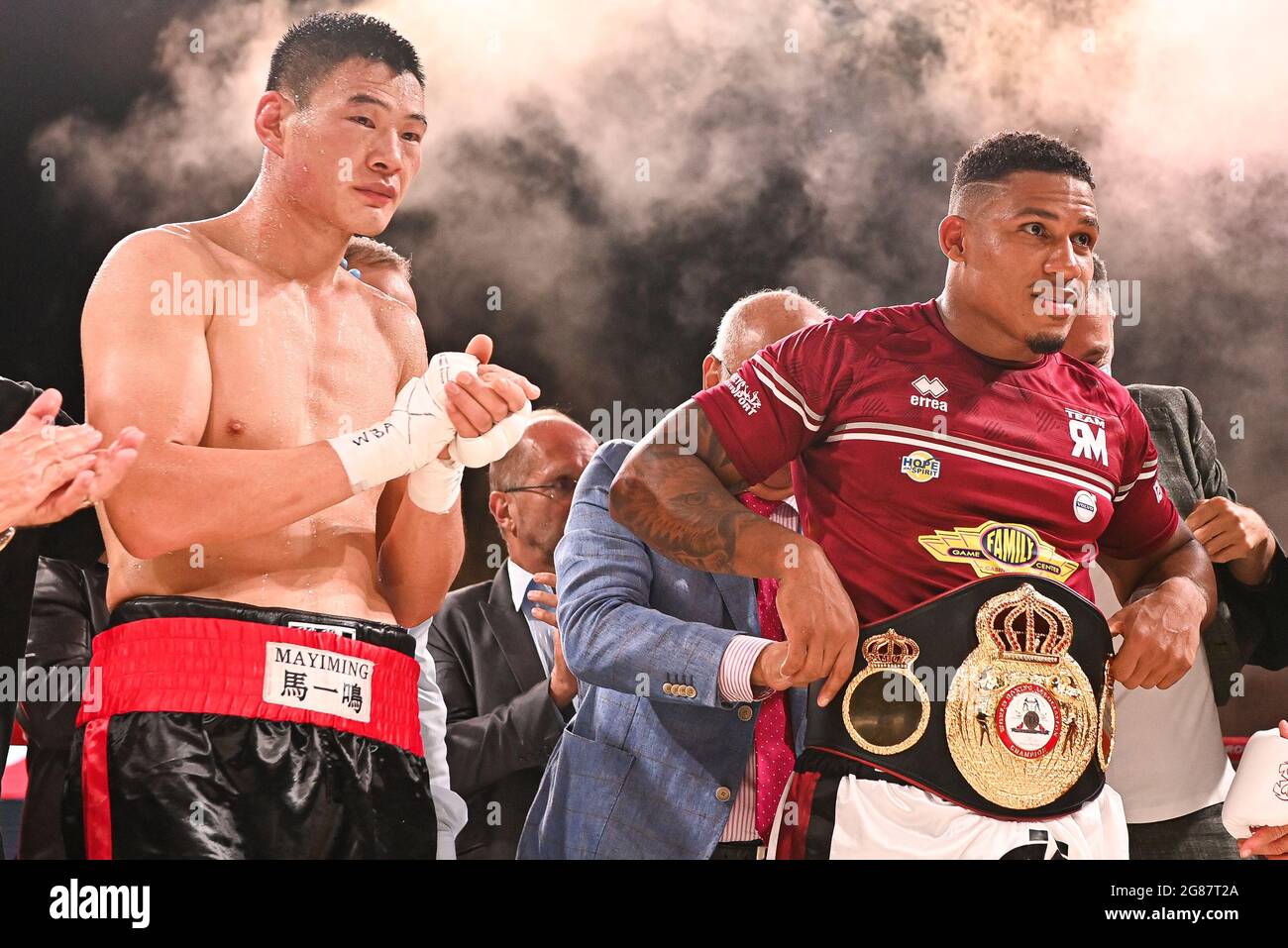 Belgian Ryad Merhy celebrates after winning a boxing bout between ...