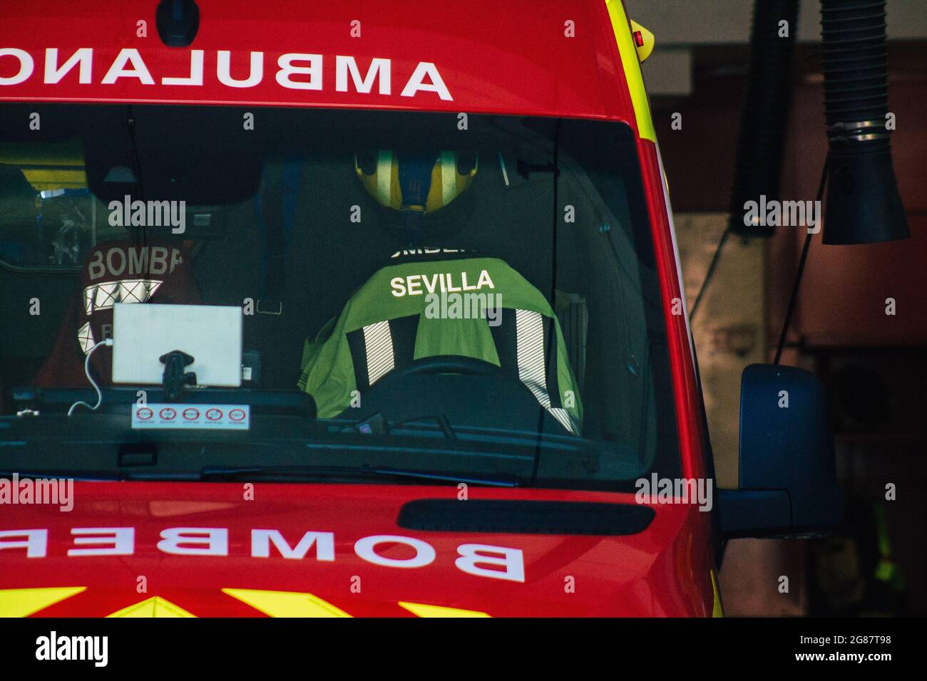 Seville Spain July 09, 2021 Fire engine in the streets of Seville, an ...