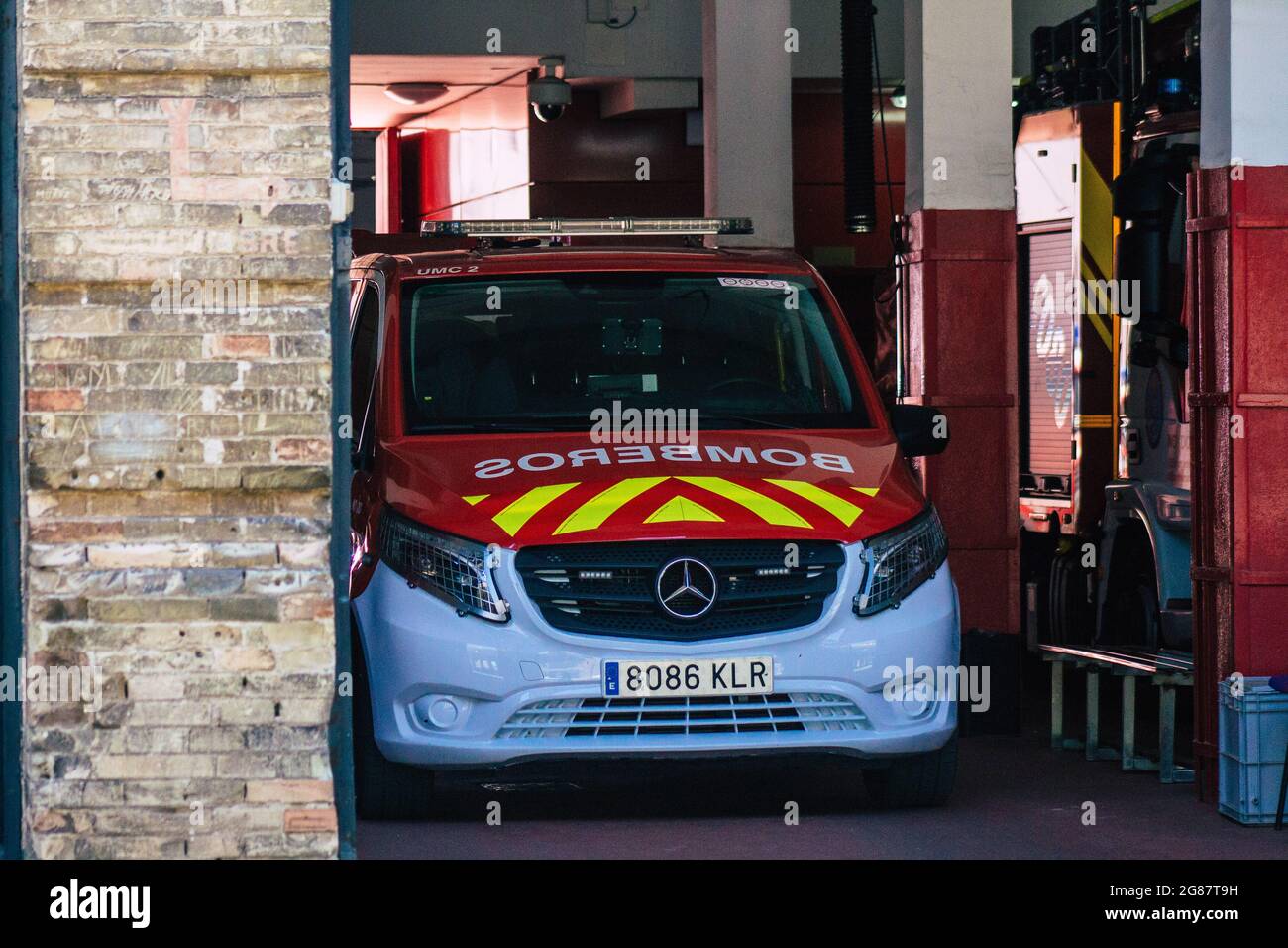 Seville Spain July 09, 2021 Fire engine in the streets of Seville, an ...