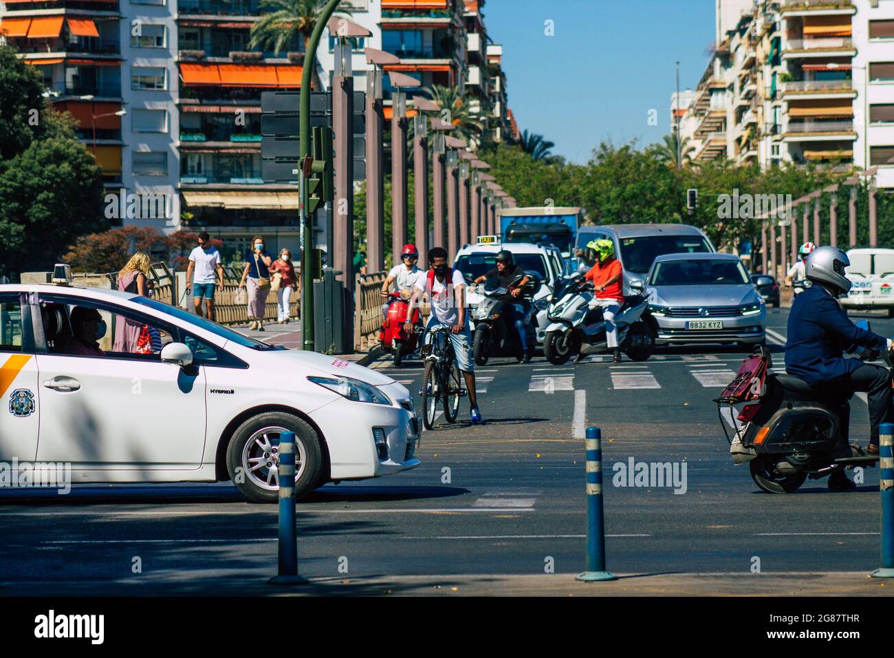 Seville Spain July 09, 2021 Traffic jam in the streets of Seville, an ...
