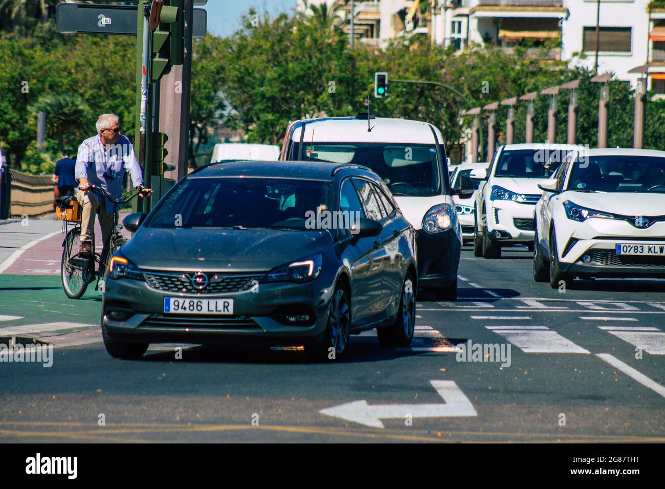 Seville Spain July 09, 2021 Traffic jam in the streets of Seville, an ...