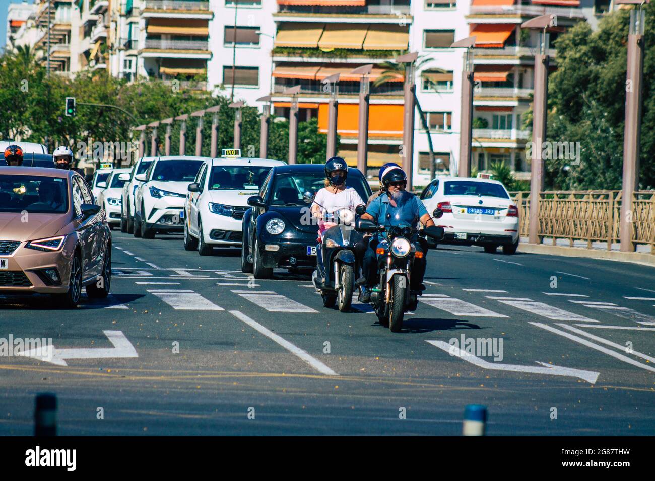 Seville Spain July 09, 2021 Traffic jam in the streets of Seville, an ...