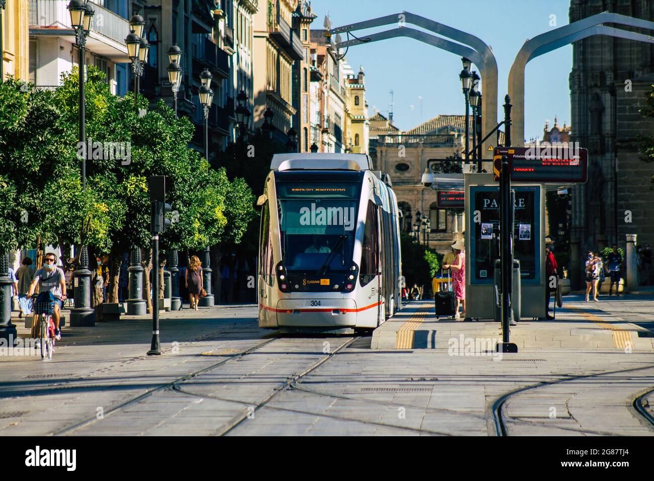 Seville Spain July 09, 2021 Modern electric tram for passengers rolling ...