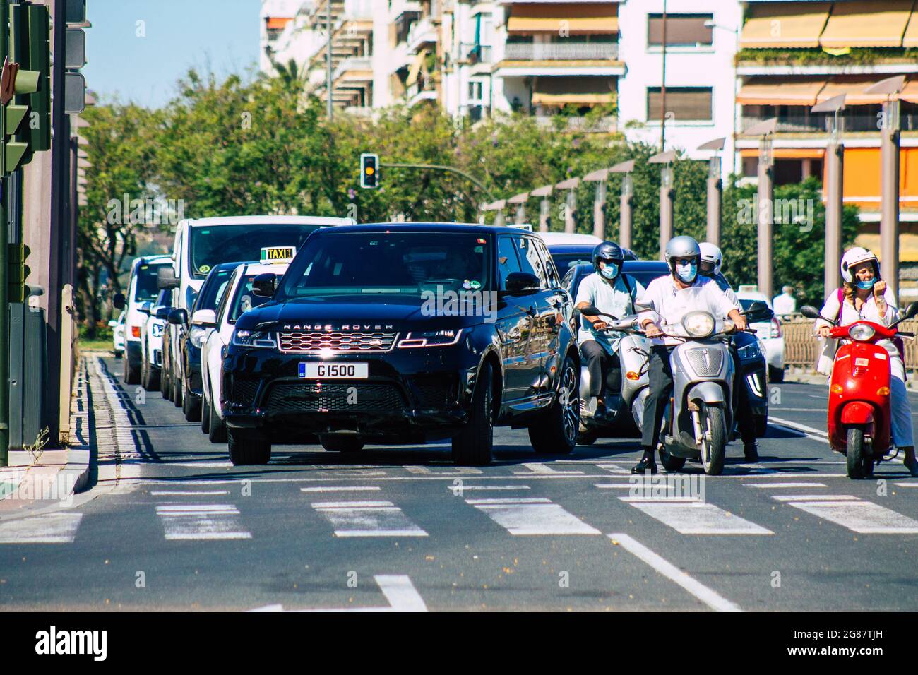 Seville Spain July 09, 2021 Traffic jam in the streets of Seville, an ...