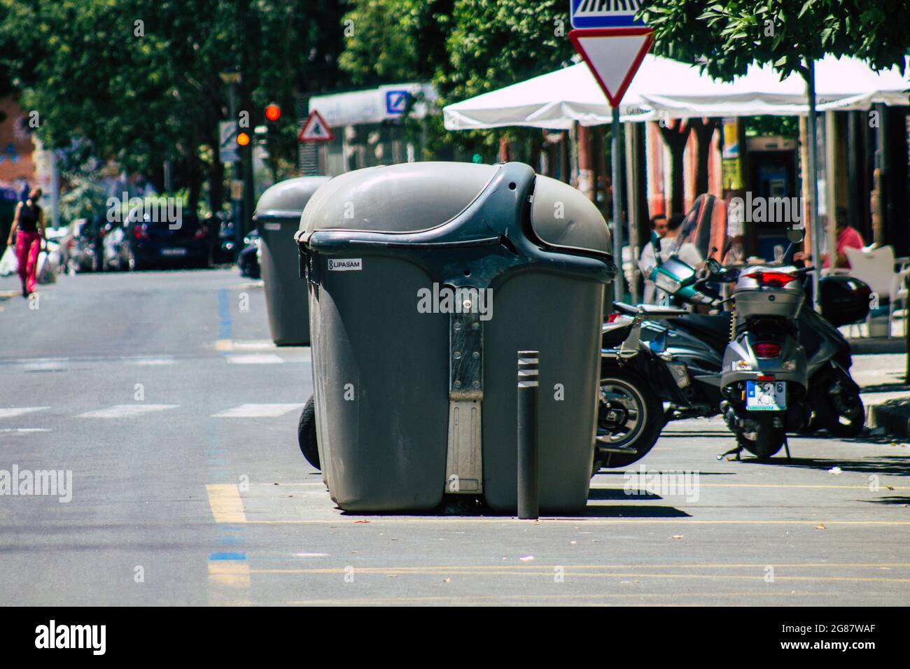 Seville Spain July 10, 2021 Garbage container in the streets of Seville ...