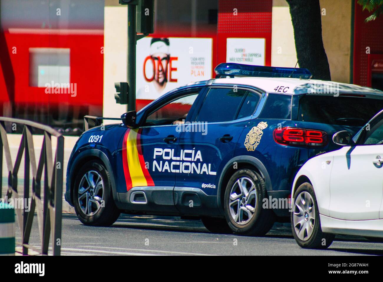 Seville Spain July 10, 2021 Police car patrolling in the streets of ...